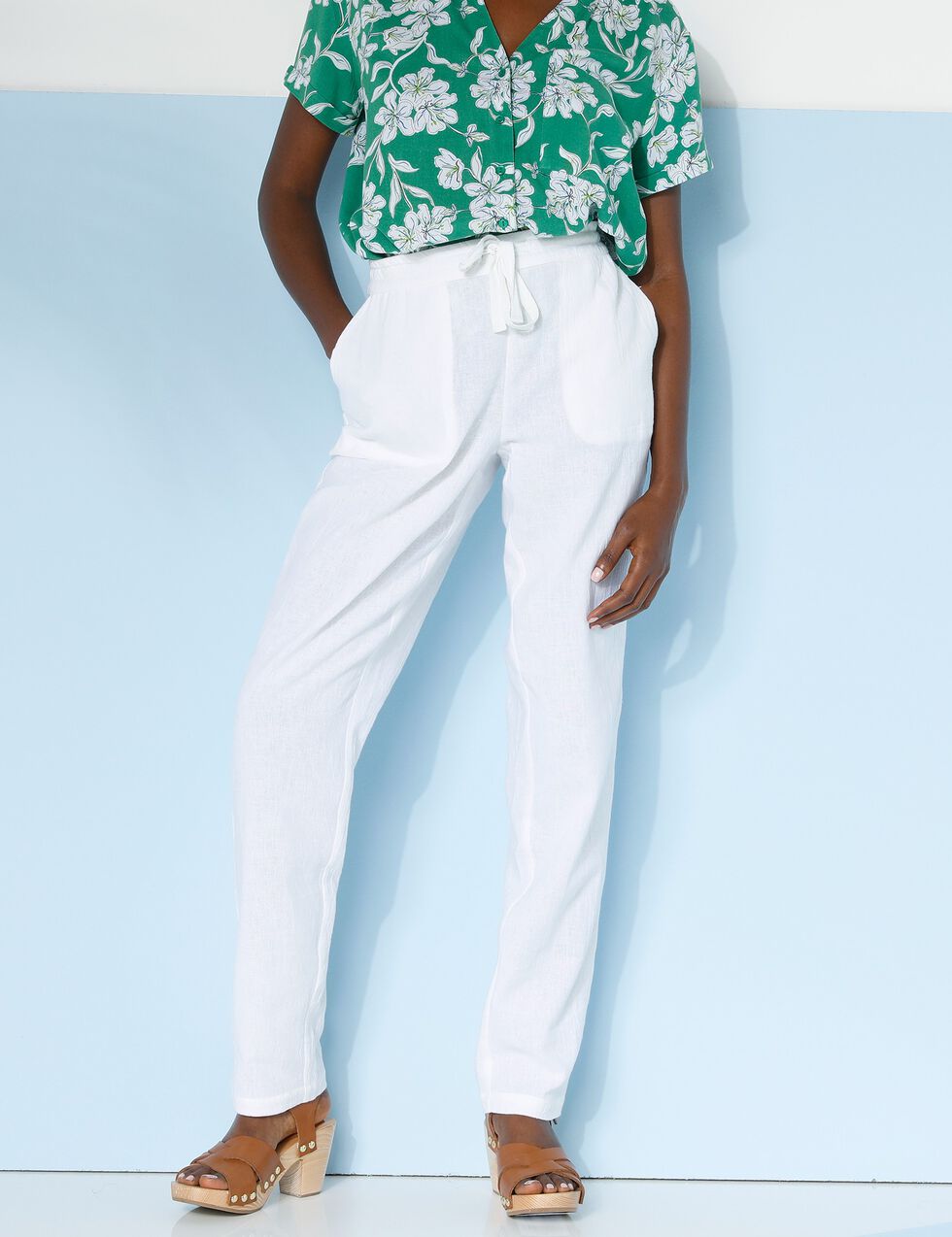 Pantalon fuselé fluide, lin-coton, blanc | Blancheporte