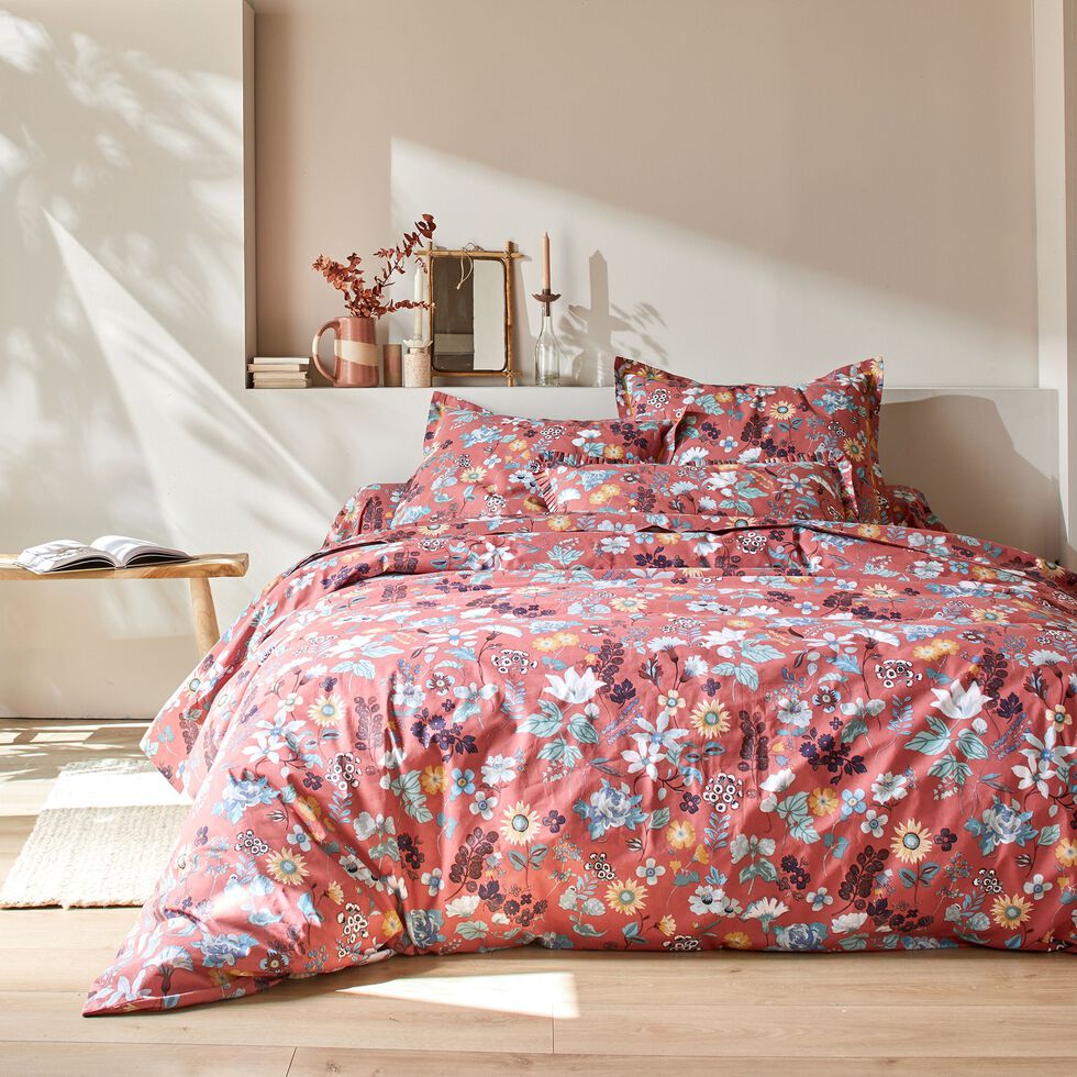 Linge de lit Kelly en coton imprimé floral, bois de rose | Blancheporte
