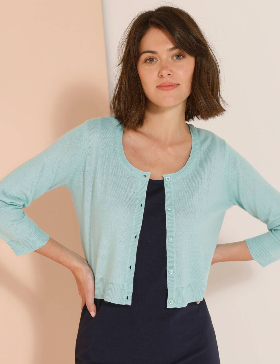 Gilet boléro boutonné, toucher doux, vert d'eau | Blancheporte