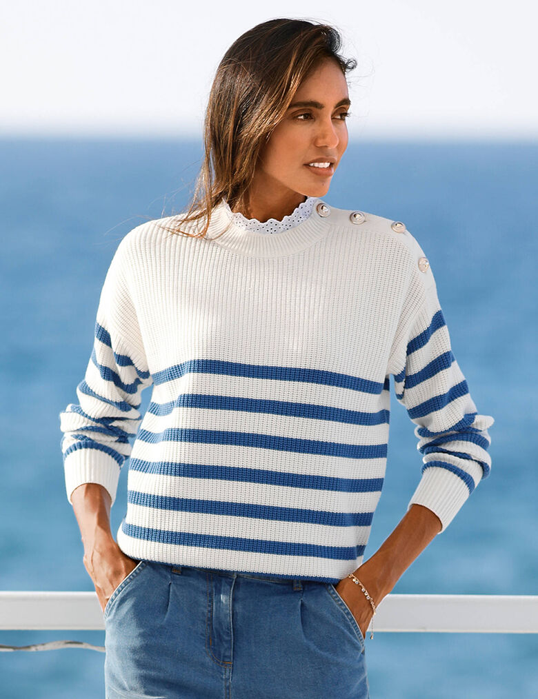 Pull rayé, col broderie anglaise, écru / bleu | Blancheporte