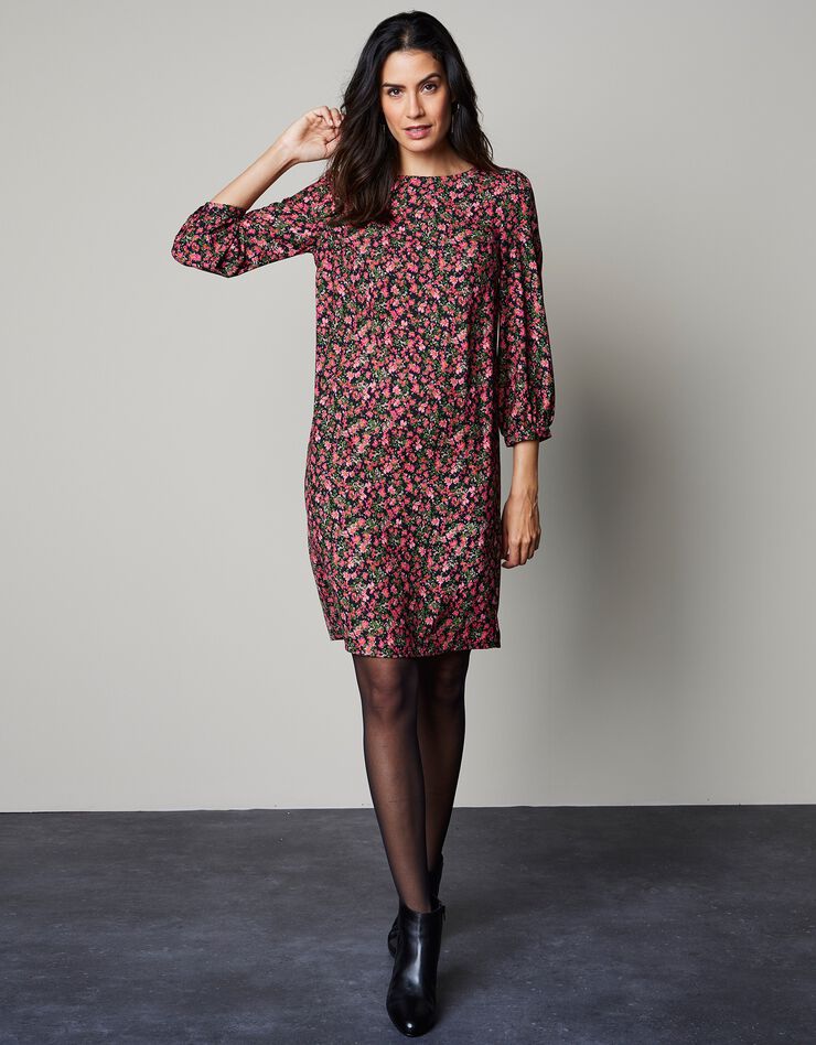 Robe droite manches 7/8ème imprimée, noir / framboise | Blancheporte