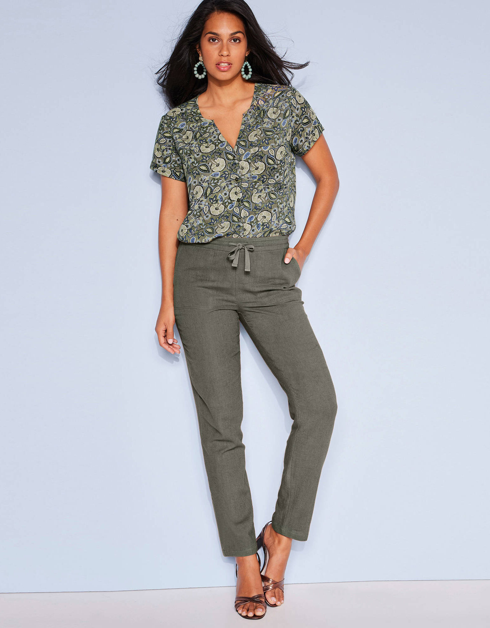 Pantalon fuselé fluide, lin-coton, kaki | Blancheporte