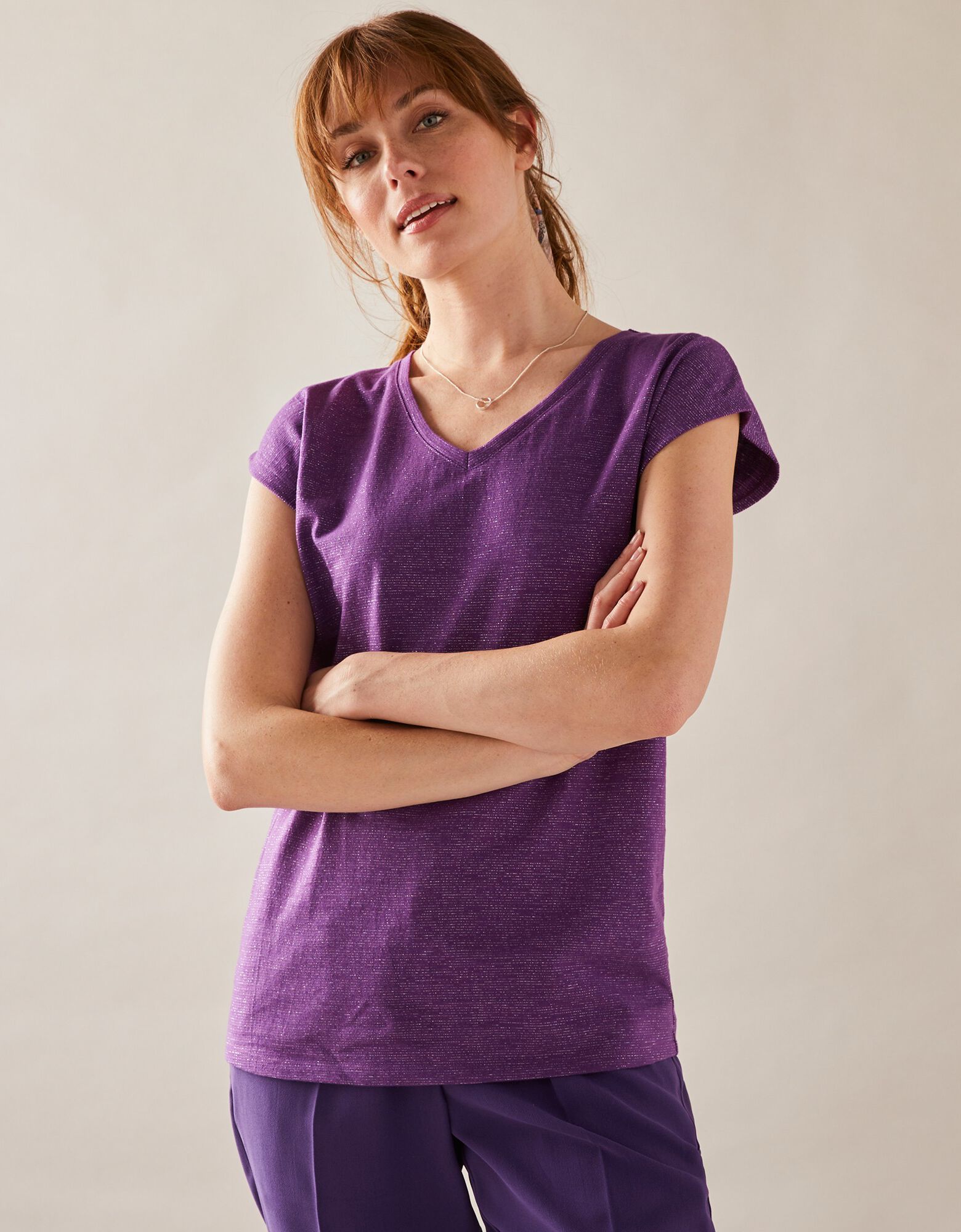 T-shirt col V maille fantaisie brillante, violet | Blancheporte