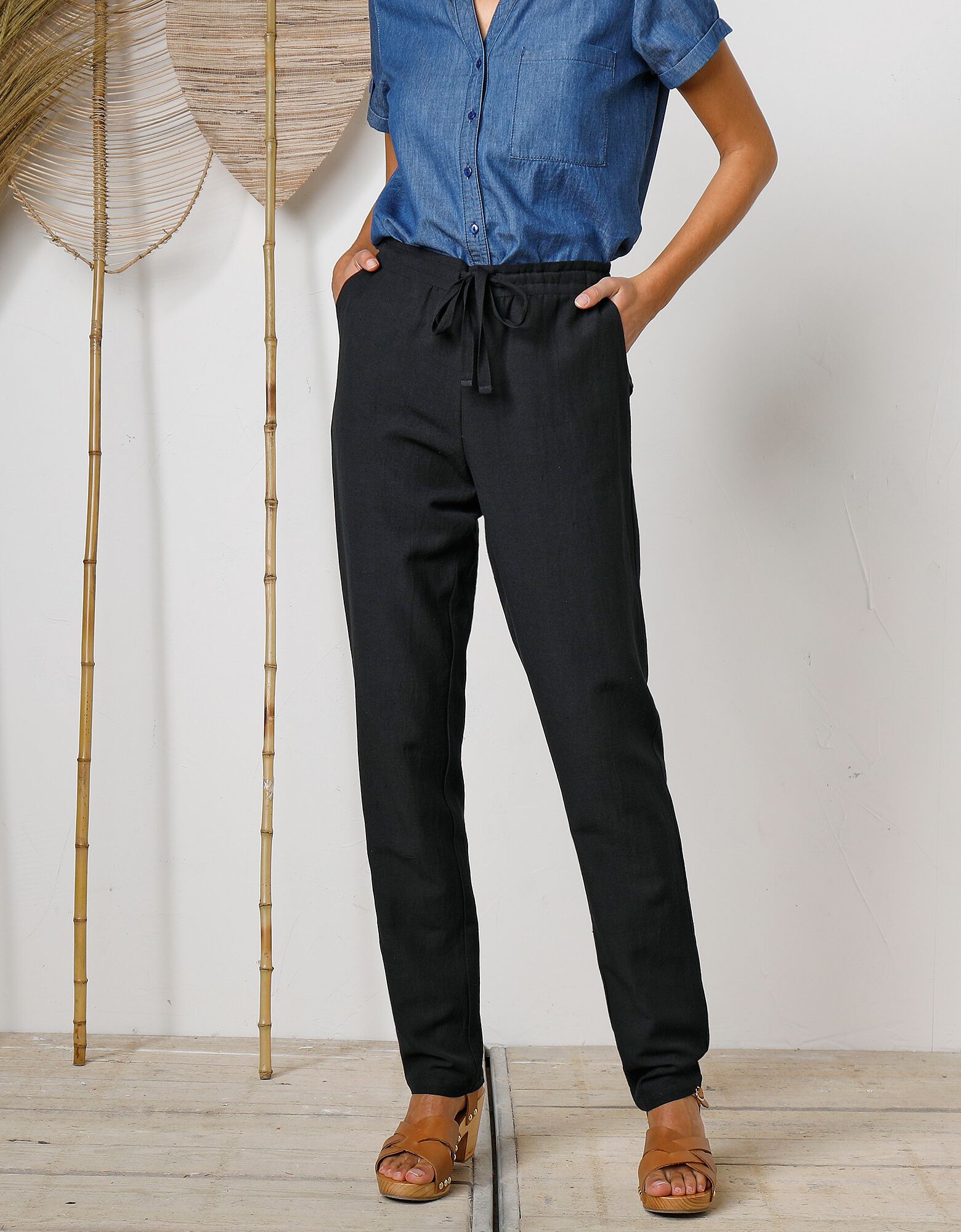 Pantalon fuselé fluide, lin-coton, noir | Blancheporte