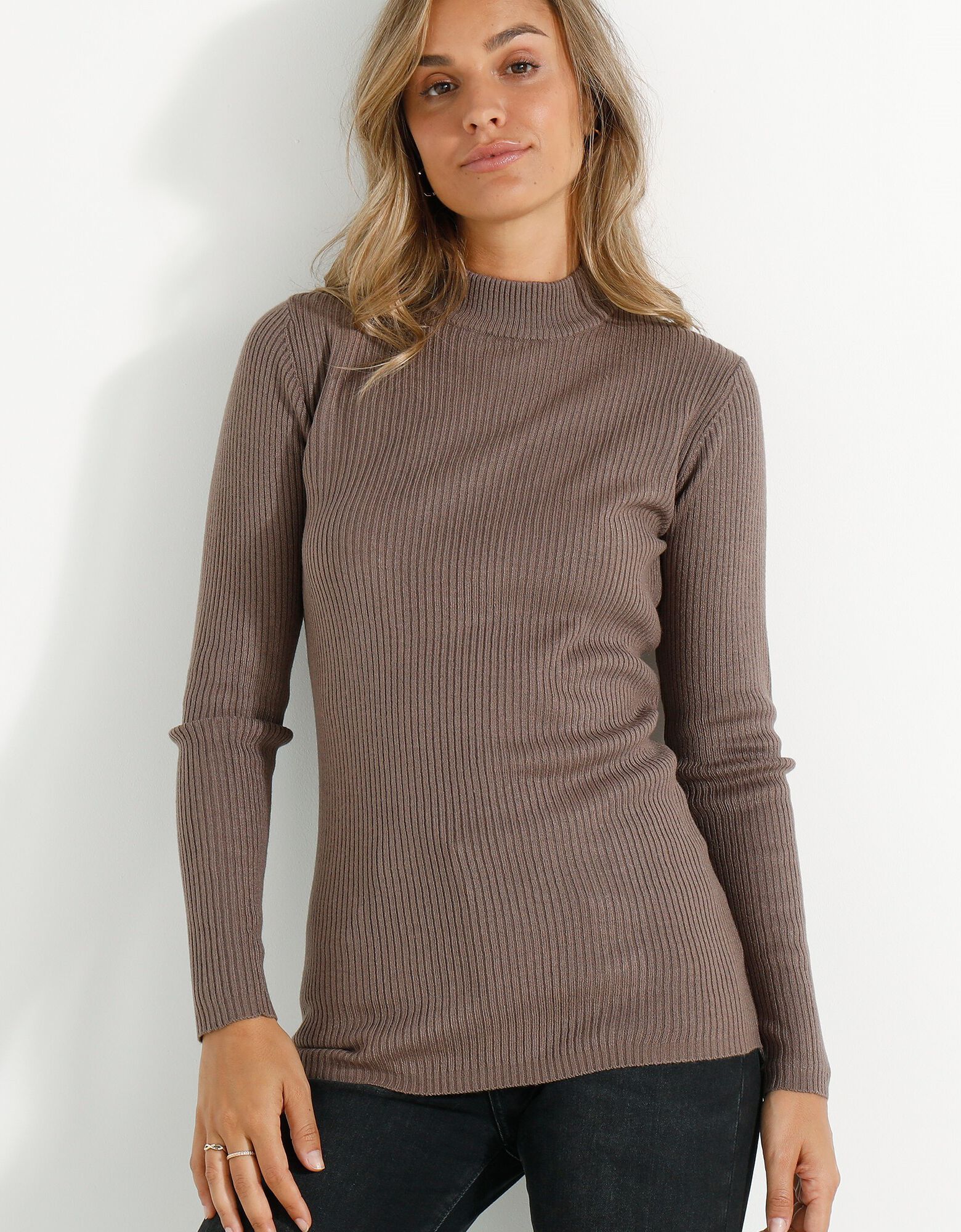 Pull col montant long, maille côtelée, taupe | Blancheporte