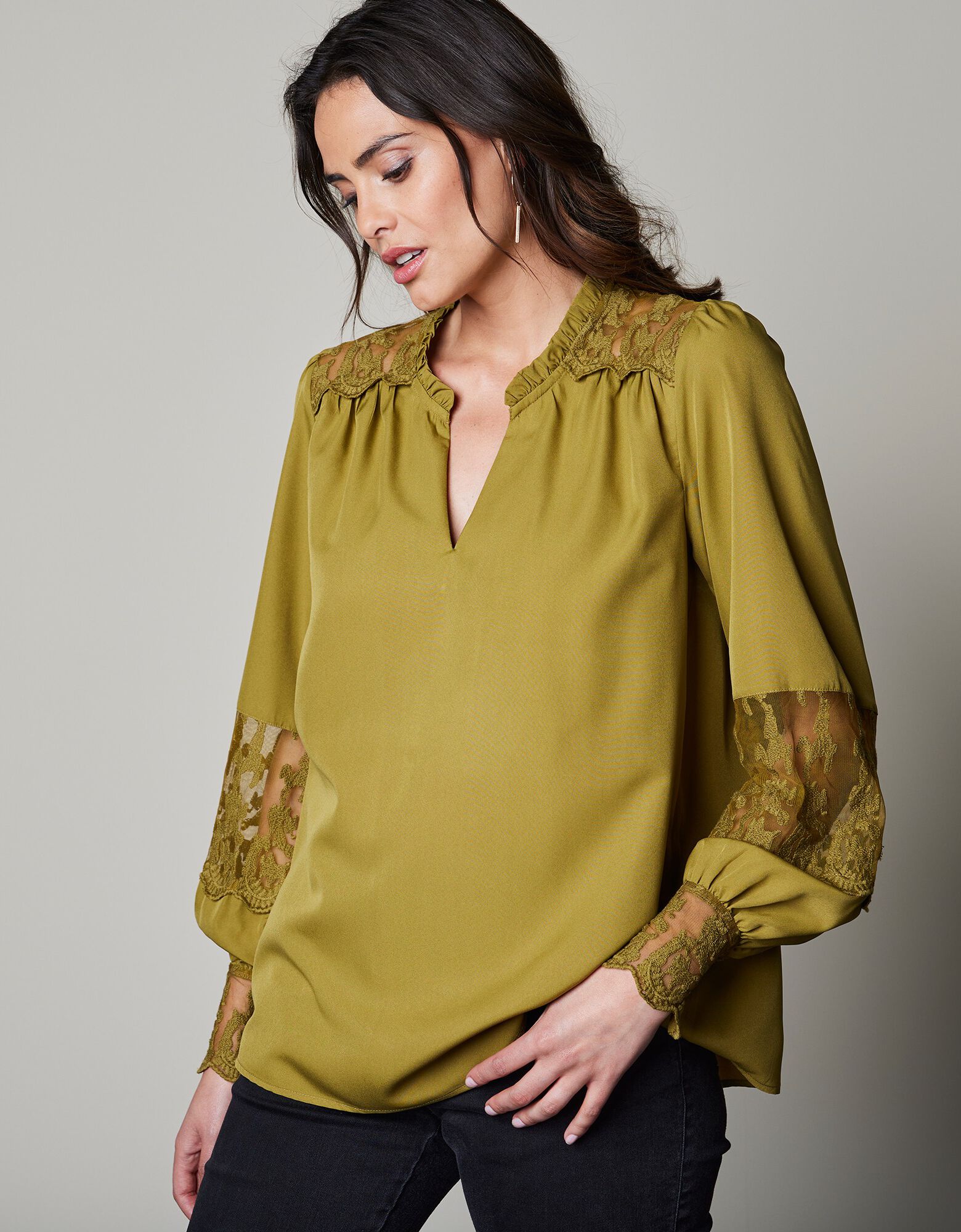 Blouse dentelle manches longues blousantes, vert mousse | Blancheporte