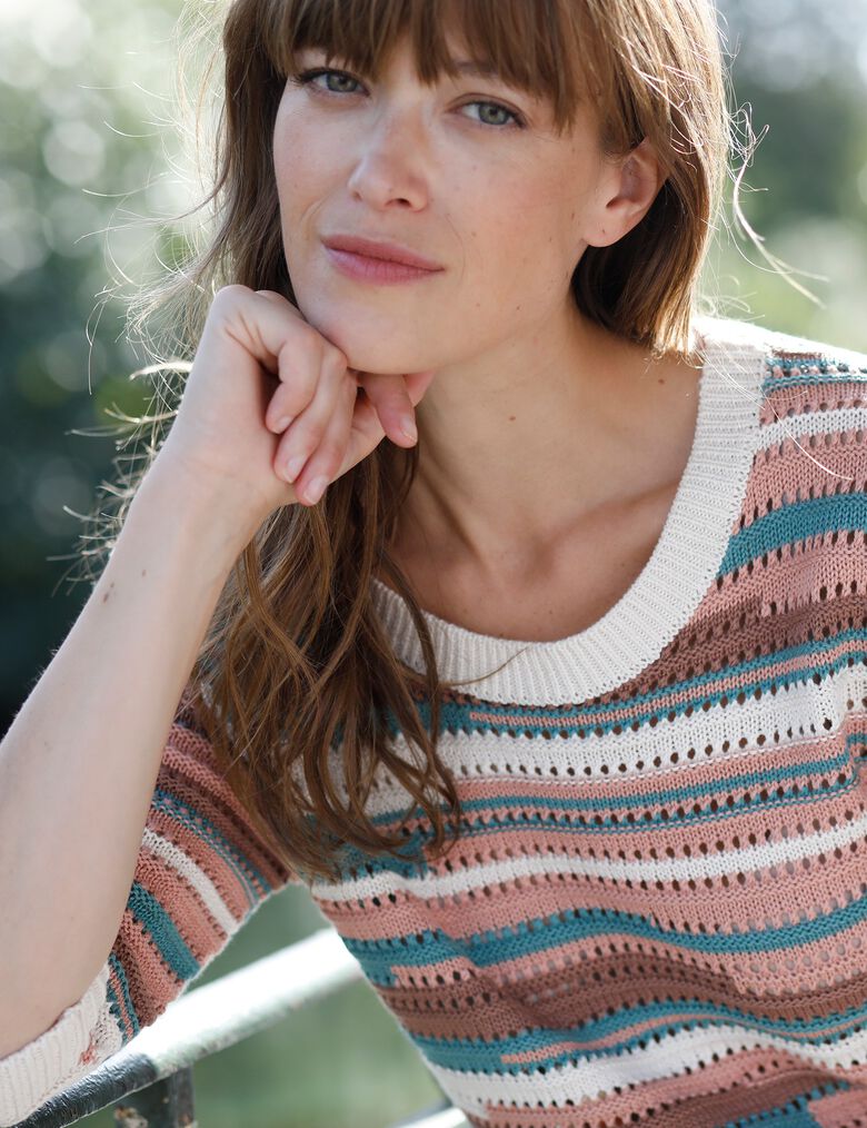 Pull rayé, maille ajourée, écru / taupe | Blancheporte