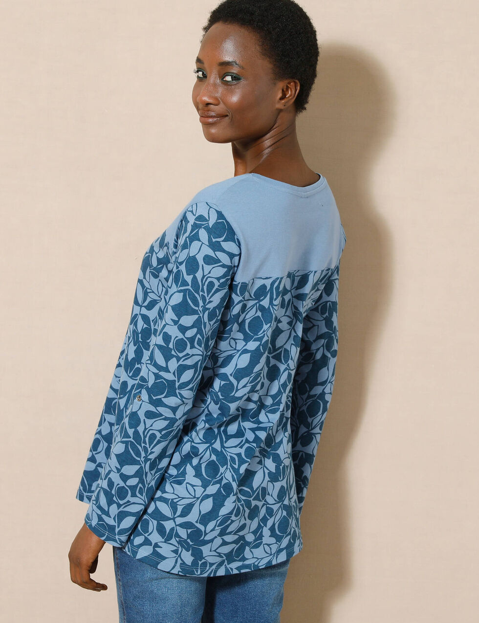 Tunique col tunisien manches longues, imprimé , bleu grisé | Blancheporte