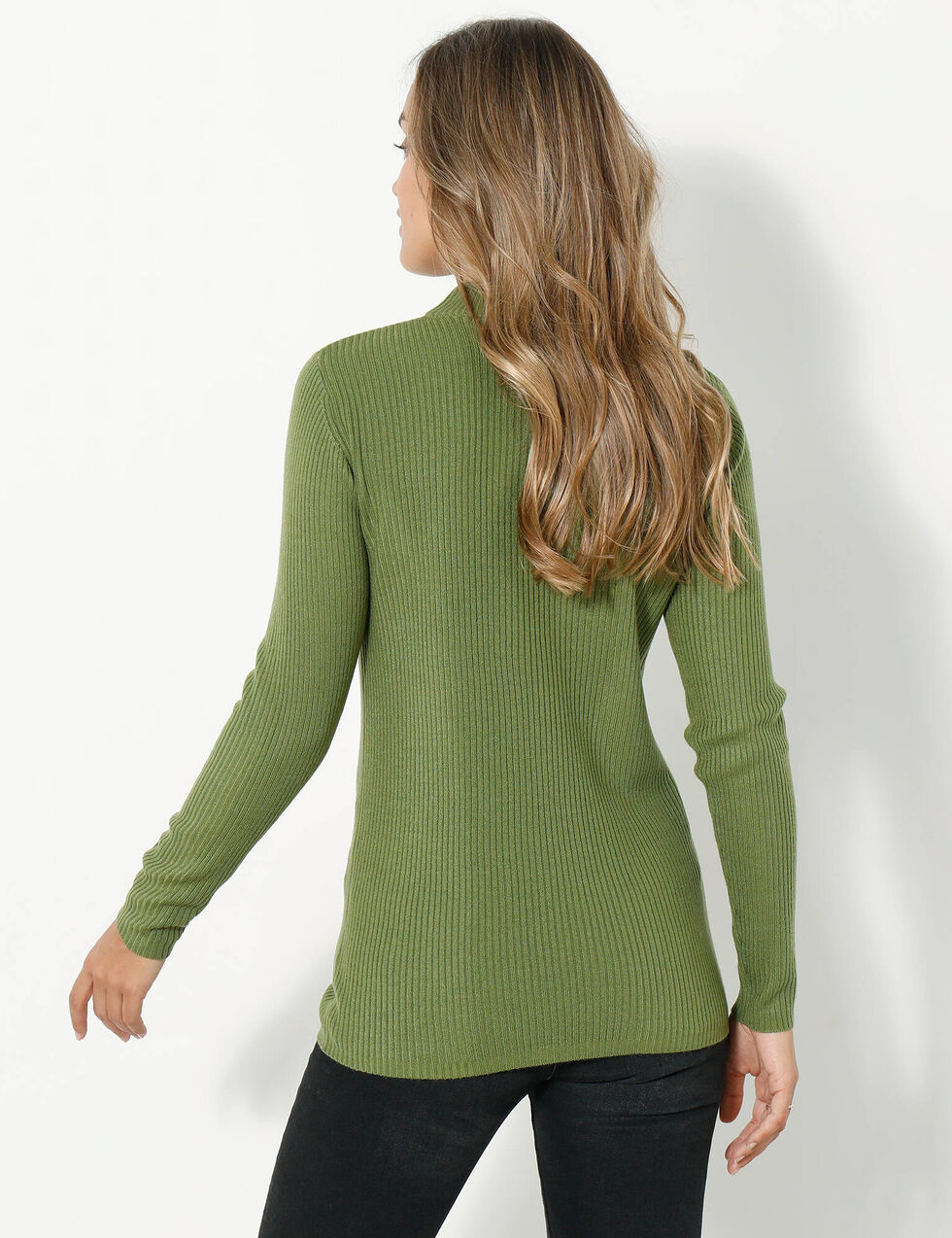 Pull col montant long, maille côtelée, vert olive | Blancheporte