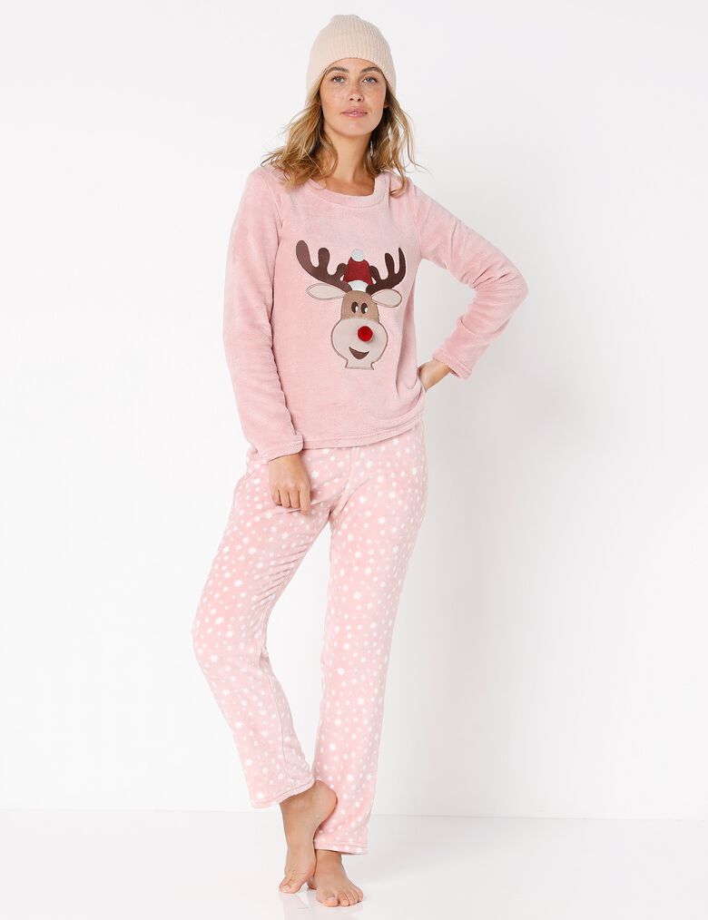 Pyjama manches longues maille polaire motif "renne" , rose poudré ...