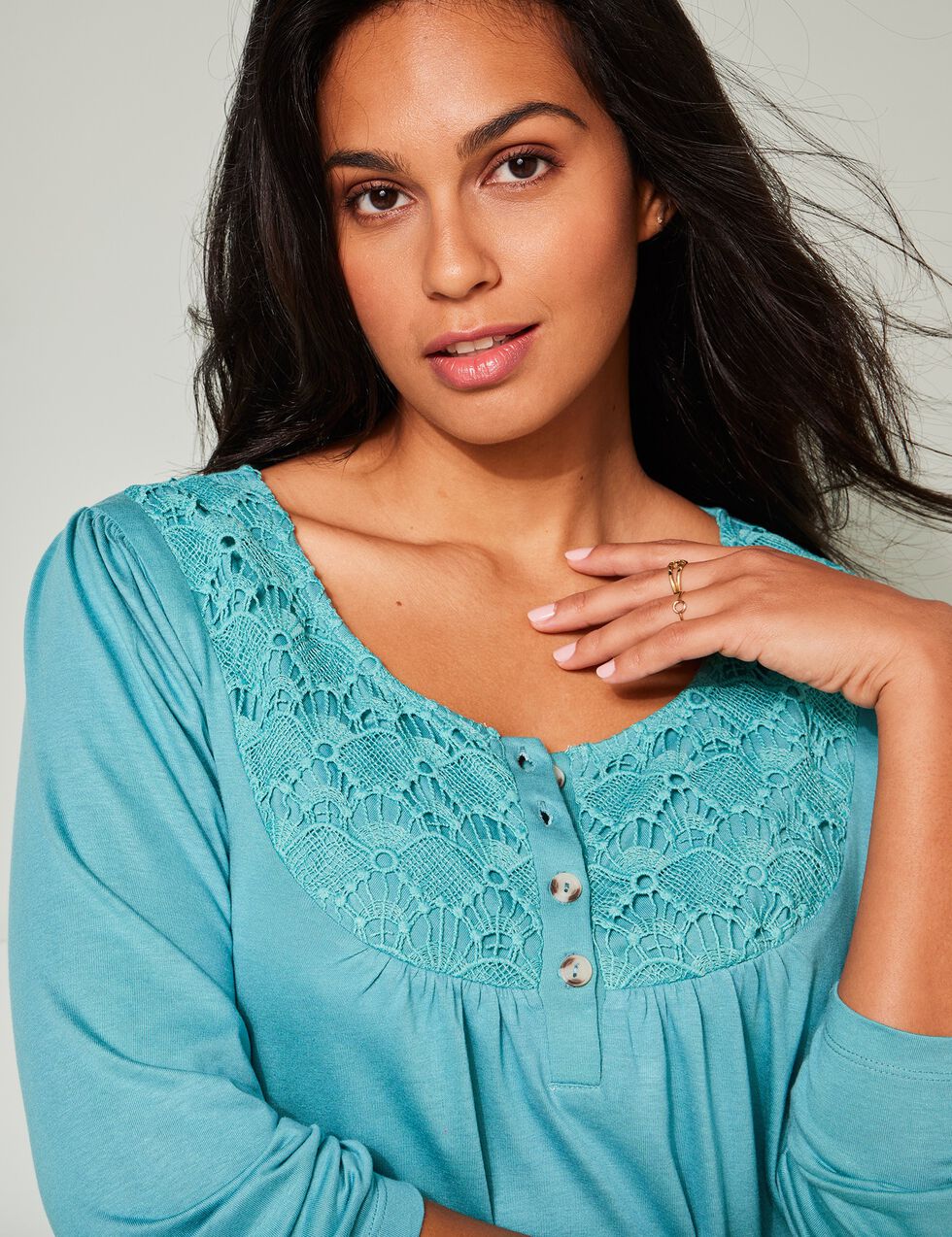 Tunique macramé manches longues, céladon | Blancheporte