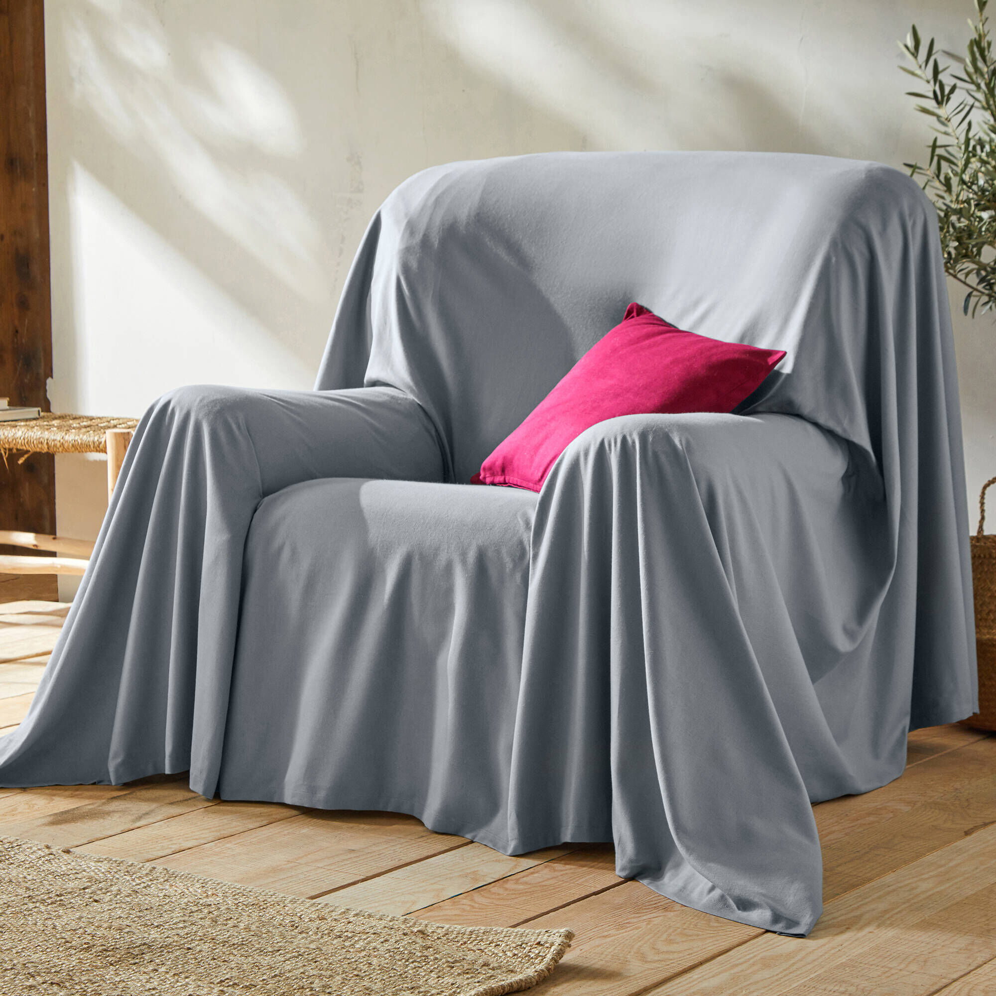 Jeté canapé coton bachette uni, gris perle | Blancheporte