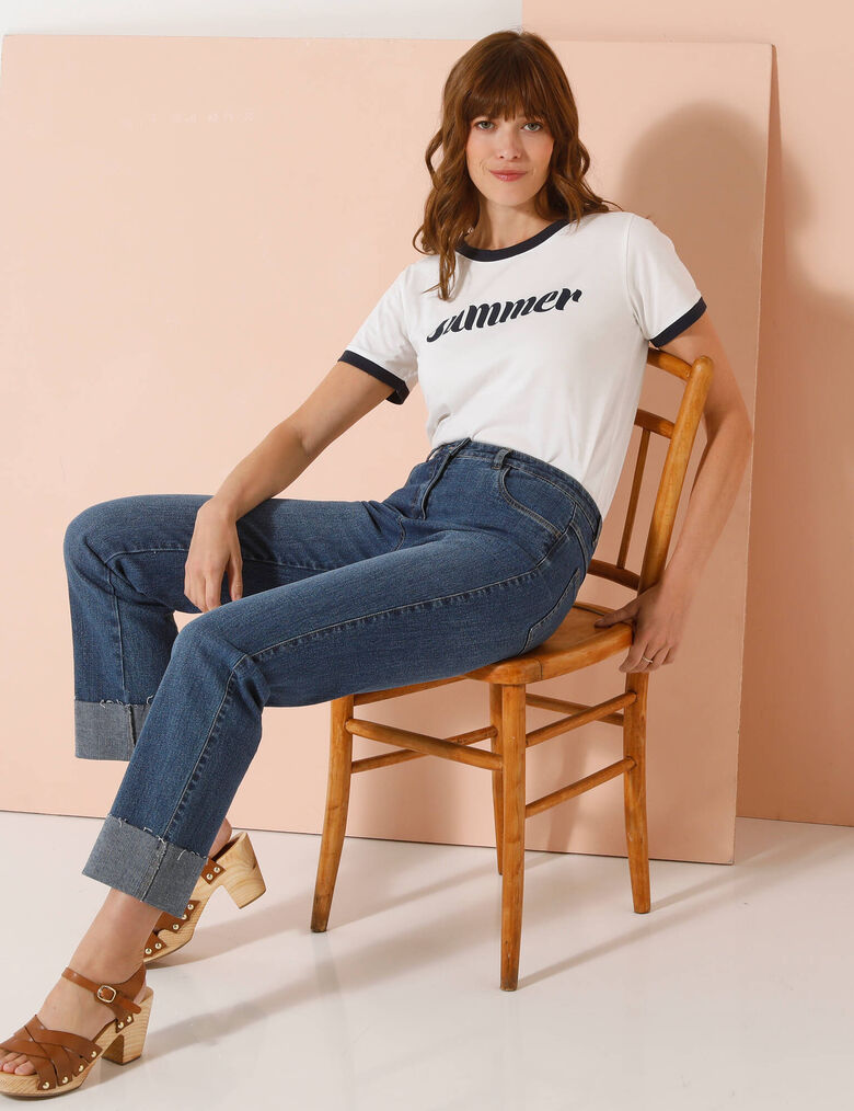 Jean droit à revers 7/8ème, taille haute, stone used | Blancheporte