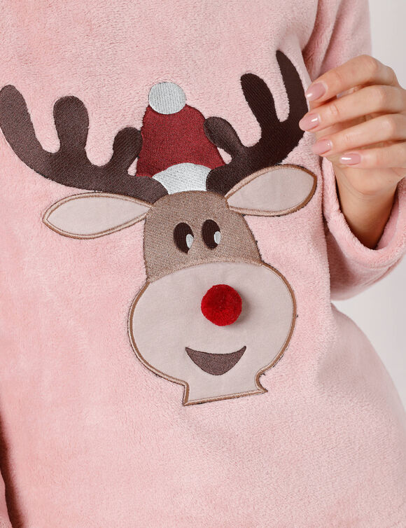 Pyjama manches longues maille polaire motif "renne" , rose poudré ...