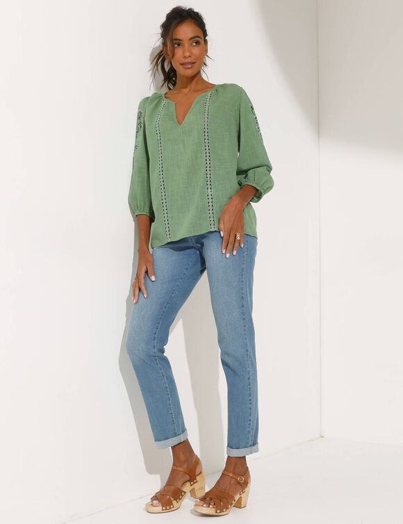 Blouse unie macramé, manches brodées, kaki | Blancheporte