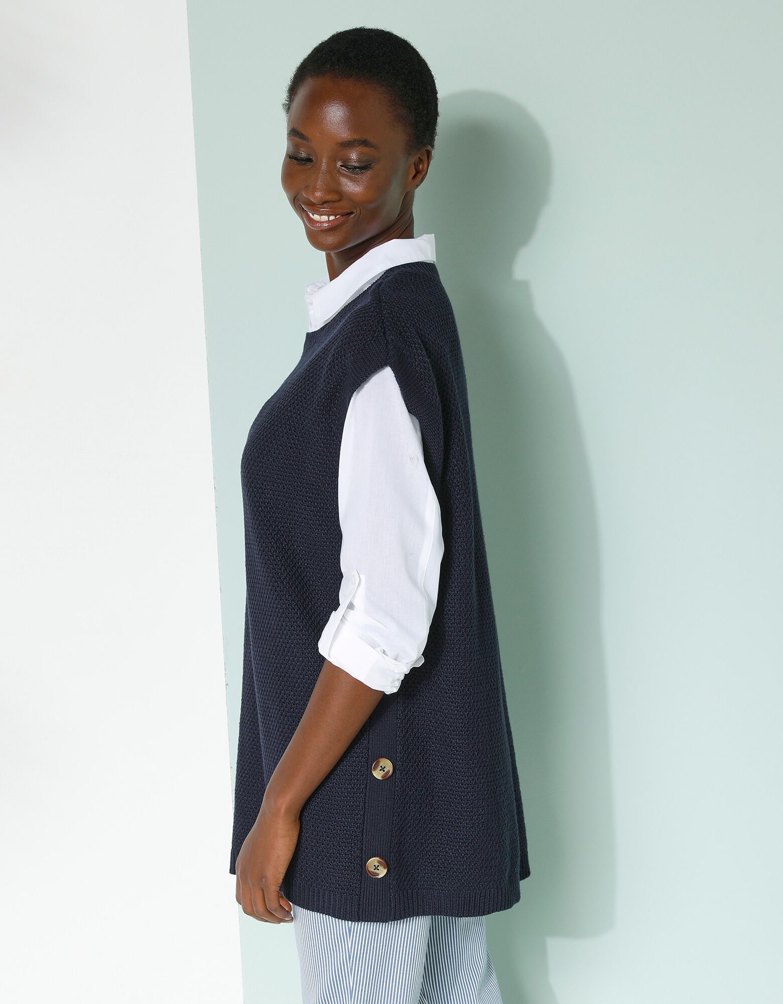 Pull-tunique sans manches à boutons effet corne, maille fantaisie ...