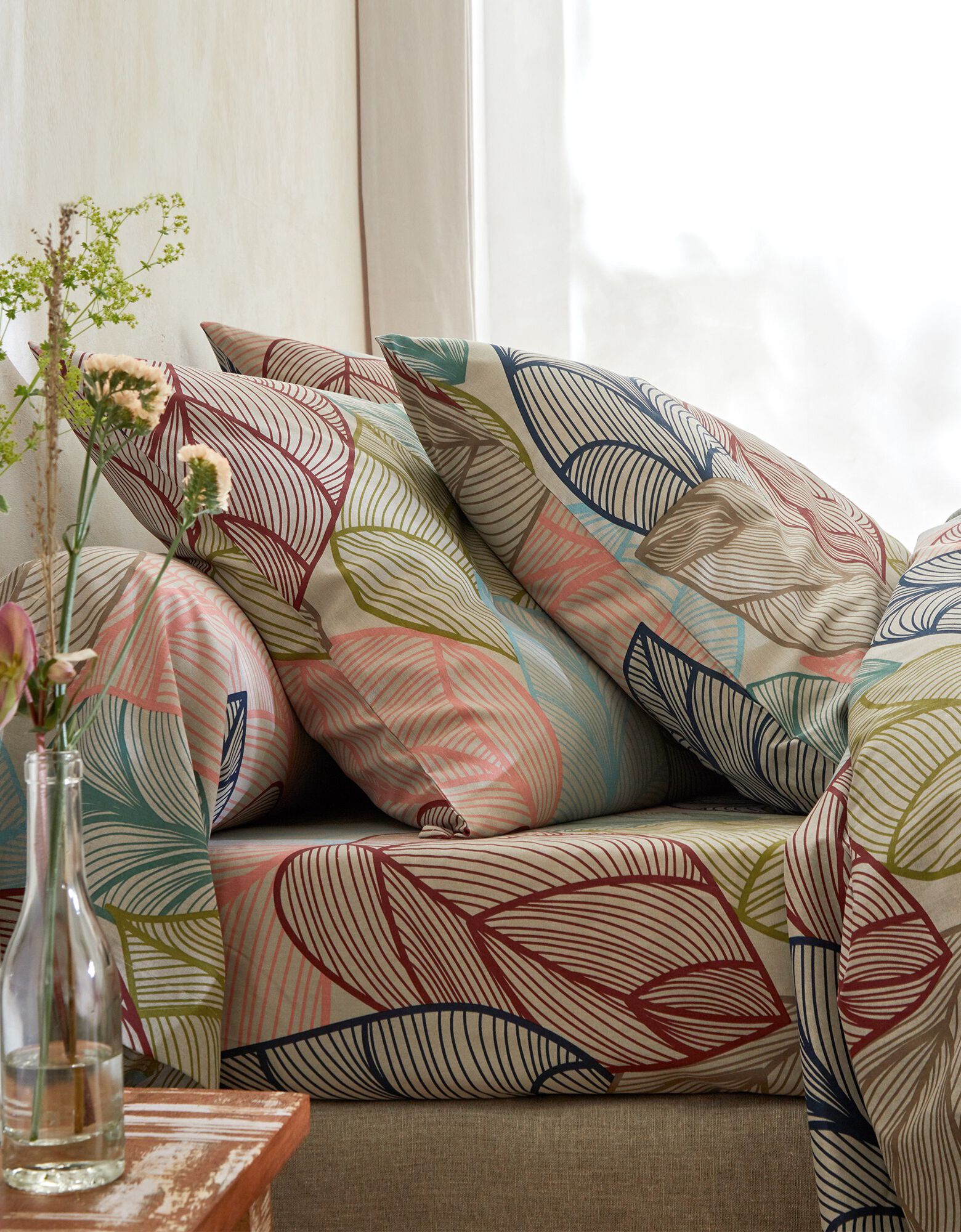 Linge de lit Elsa en polycoton à motifs feuilles, beige | Blancheporte