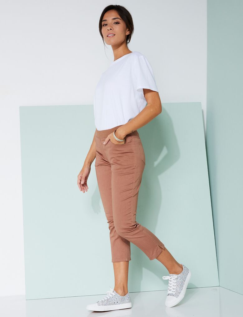 Pantacourt toile taille élastiquée, café | Blancheporte