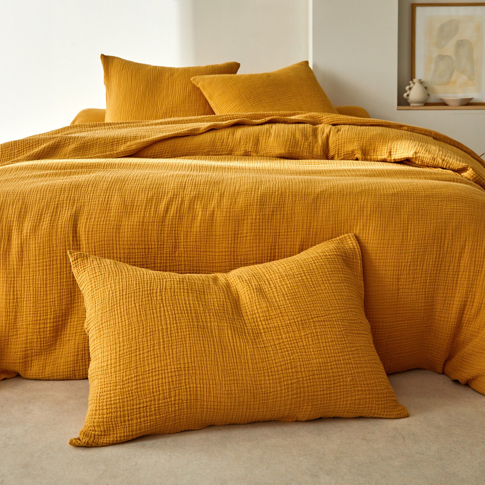 Linge de lit uni en triple gaze de coton, miel | Blancheporte