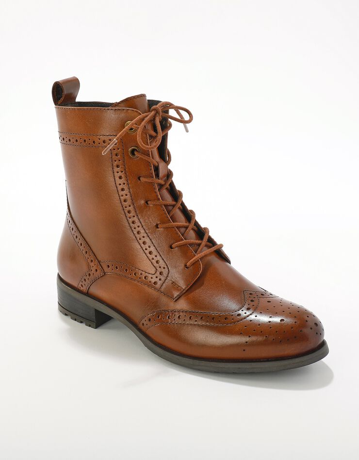 Bottines montantes doublées à lacets en cuir fleuri, marron | Blancheporte