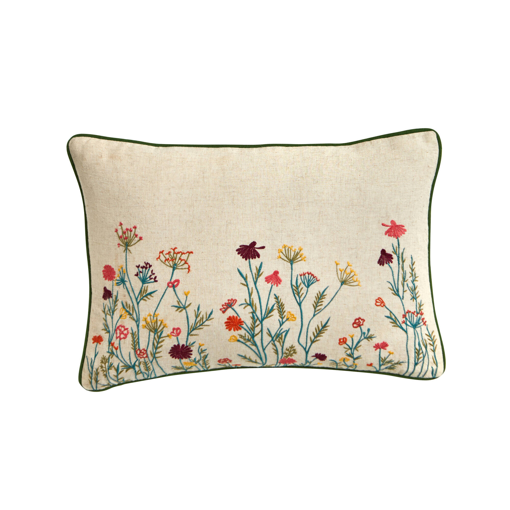 Coussin rectangulaire coton lin broderie fleurie, vert / orange ...