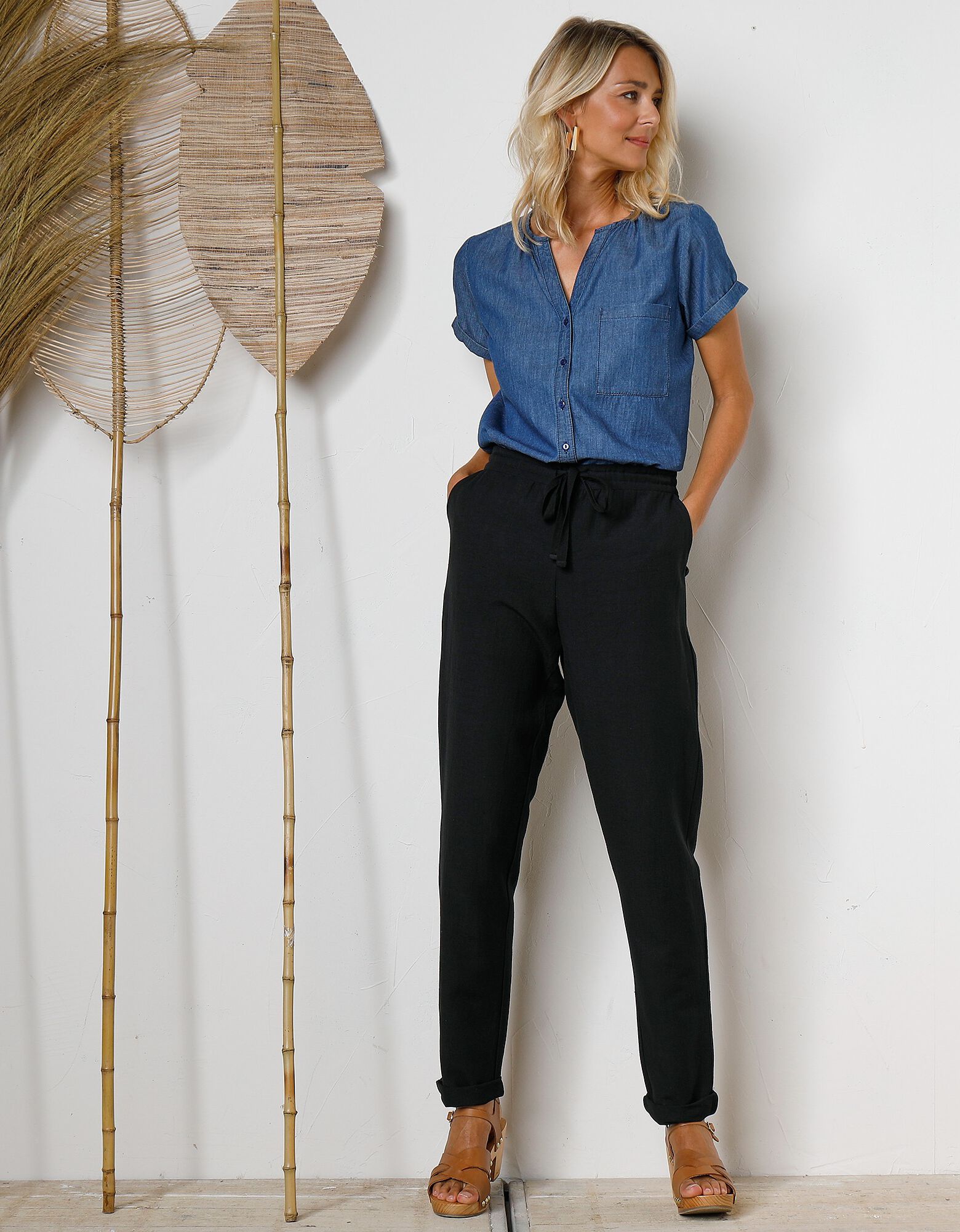 Pantalon fuselé fluide, lin-coton, noir | Blancheporte