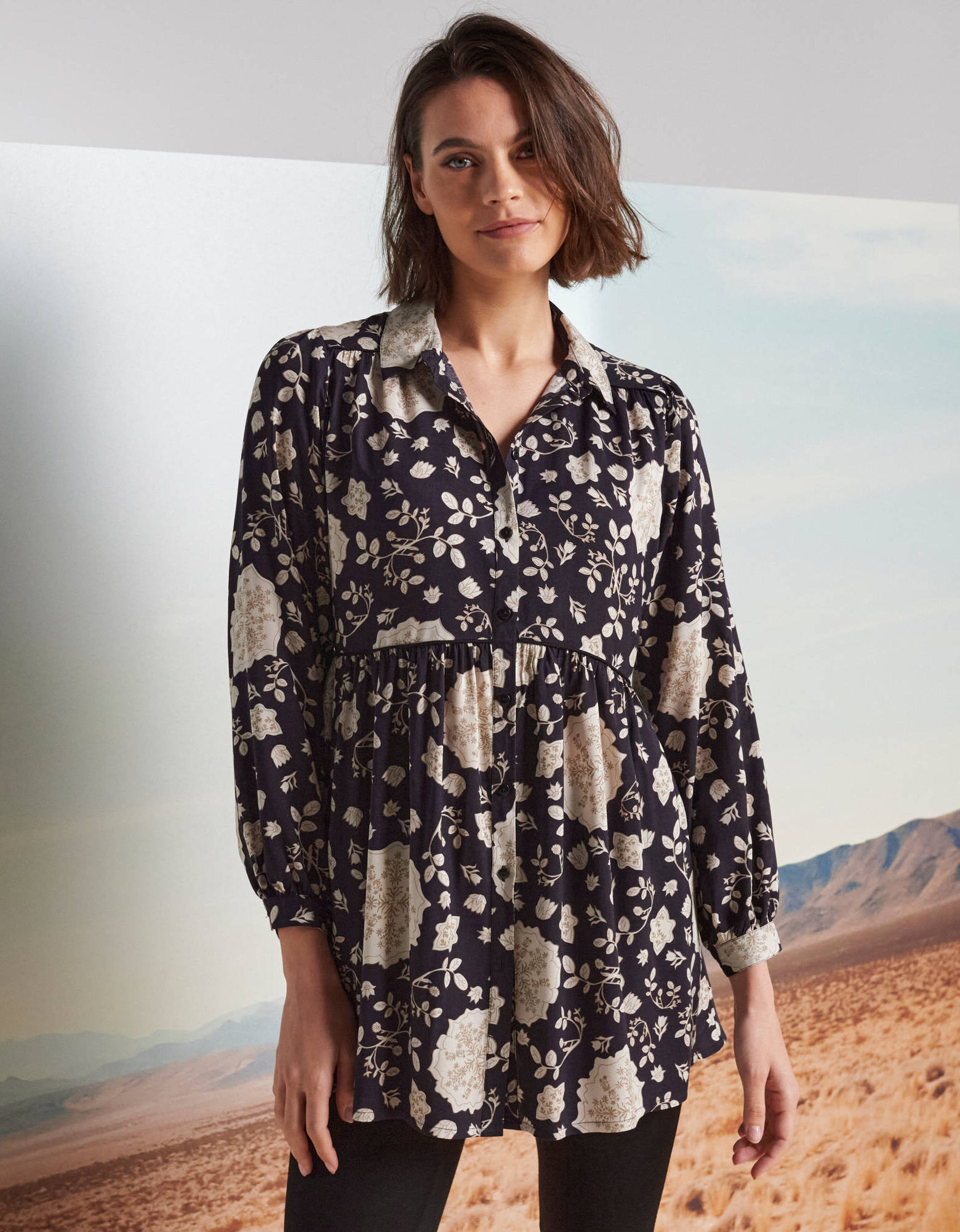 Chemise tunique imprimée, noir / écru | Blancheporte