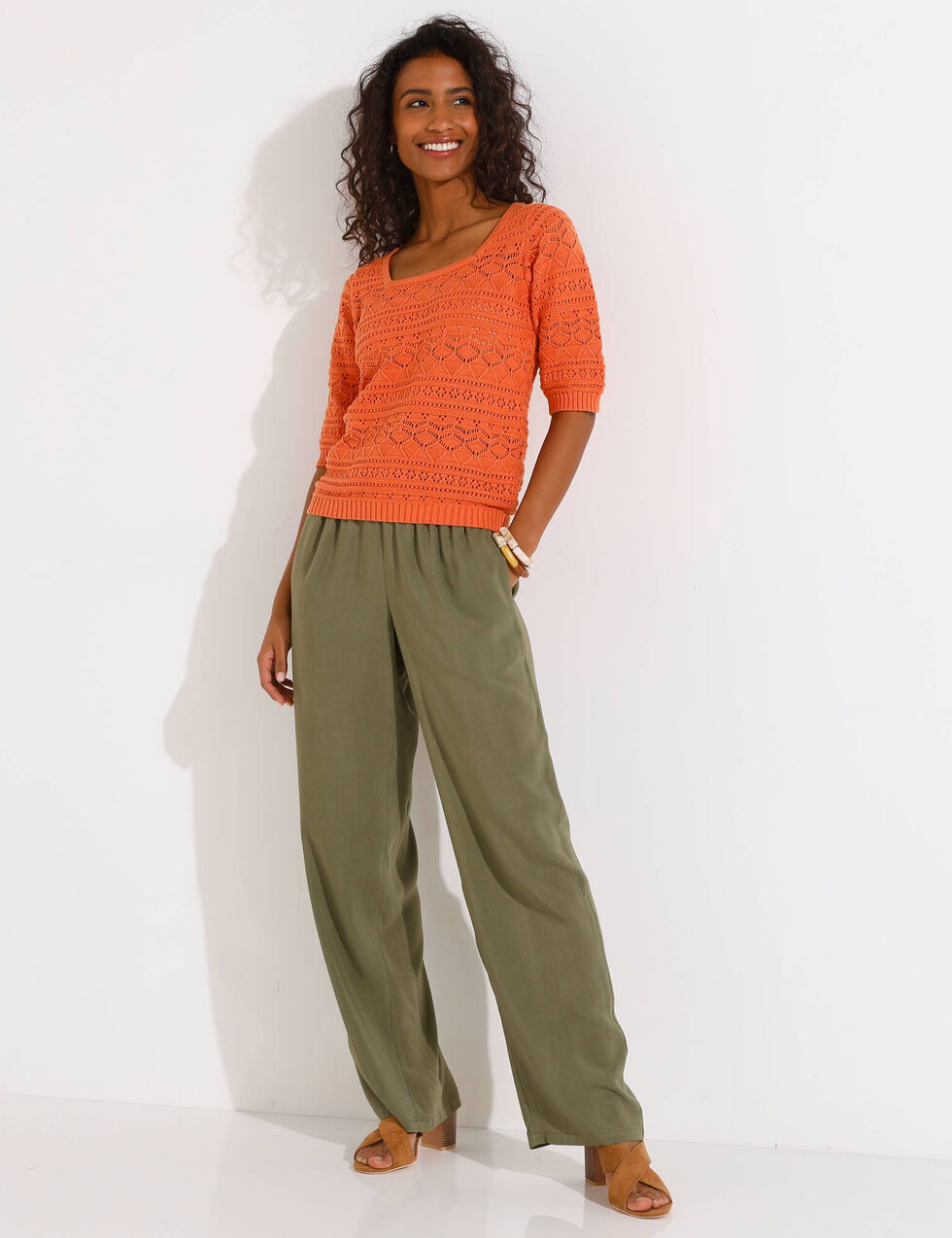 Pull col carré uni, maille ajourée, mandarine | Blancheporte