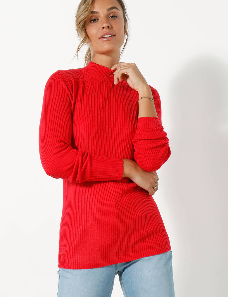 Pull col montant long, maille côtelée, rouge | Blancheporte