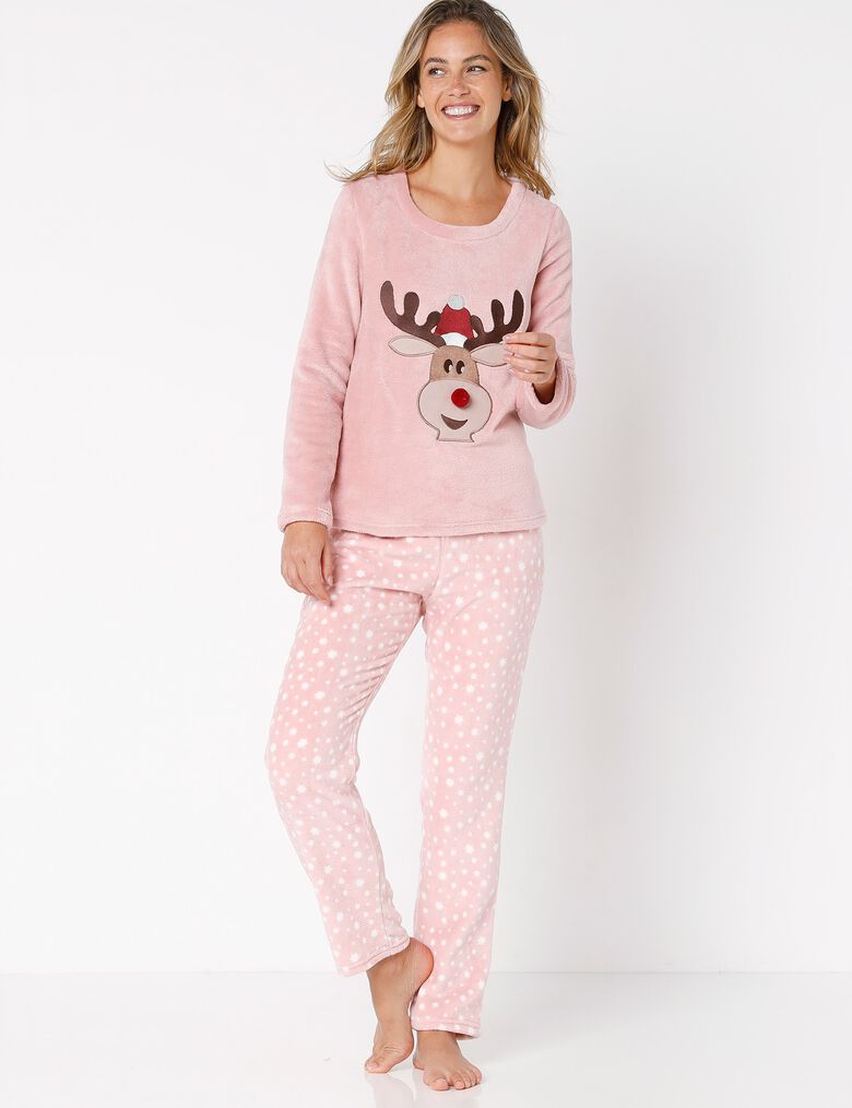 Pyjama manches longues maille polaire motif "renne" , rose poudré ...
