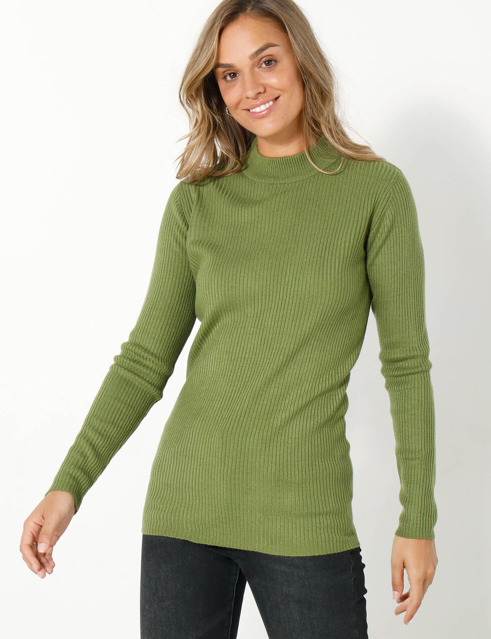 Pull col montant long, maille côtelée, vert olive | Blancheporte