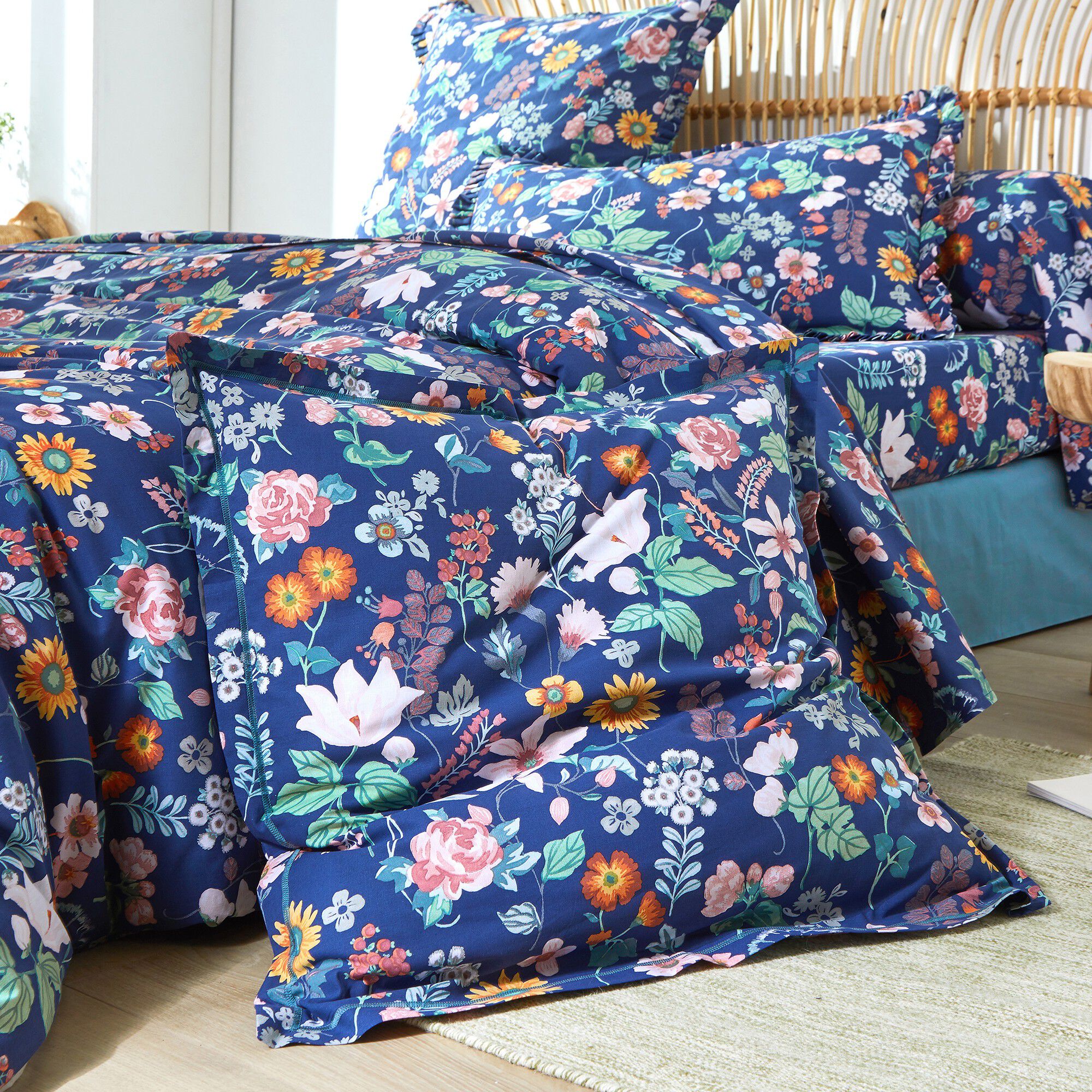 Linge de lit Kelly en coton imprimé floral, marine | Blancheporte