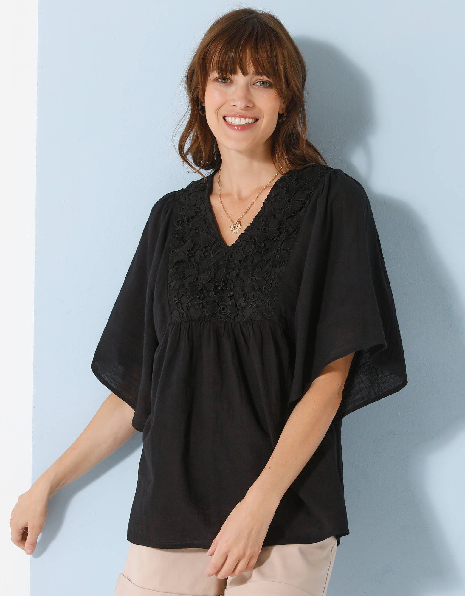 Tunique plastron fantaisie doublé, manches kimono, noir | Blancheporte