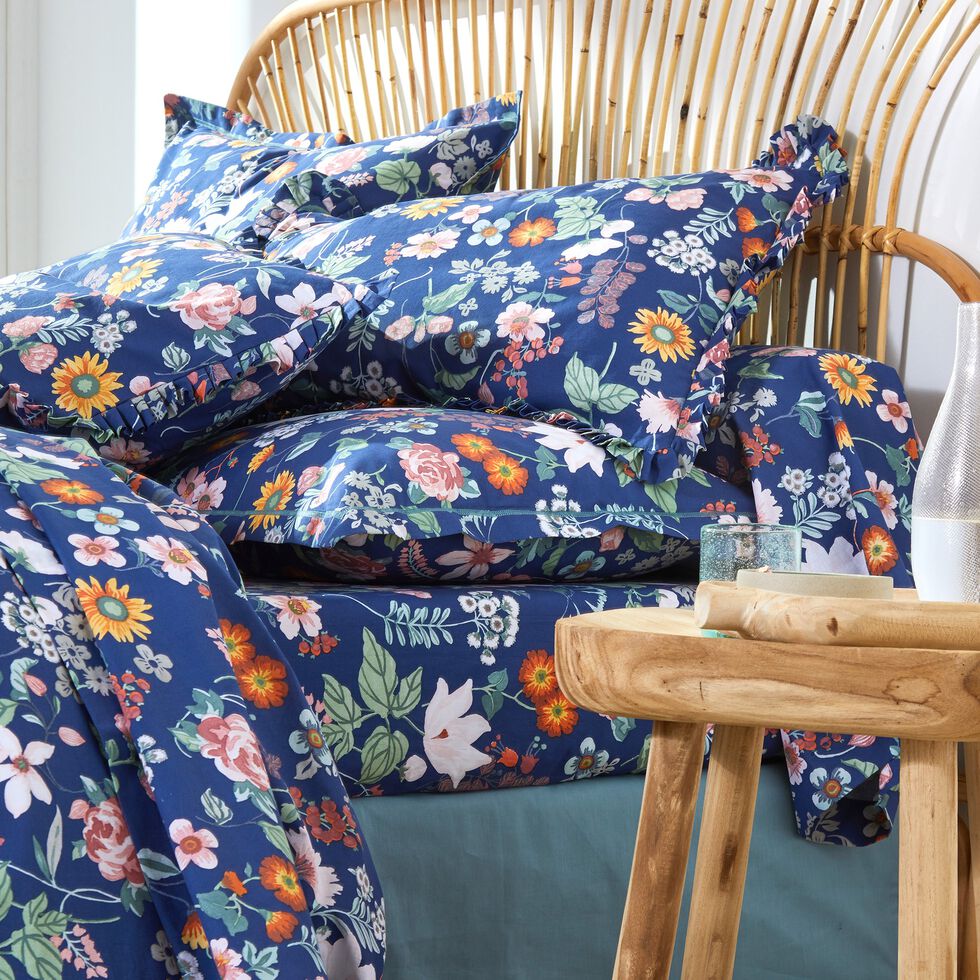 Linge de lit Kelly en coton imprimé floral, marine | Blancheporte