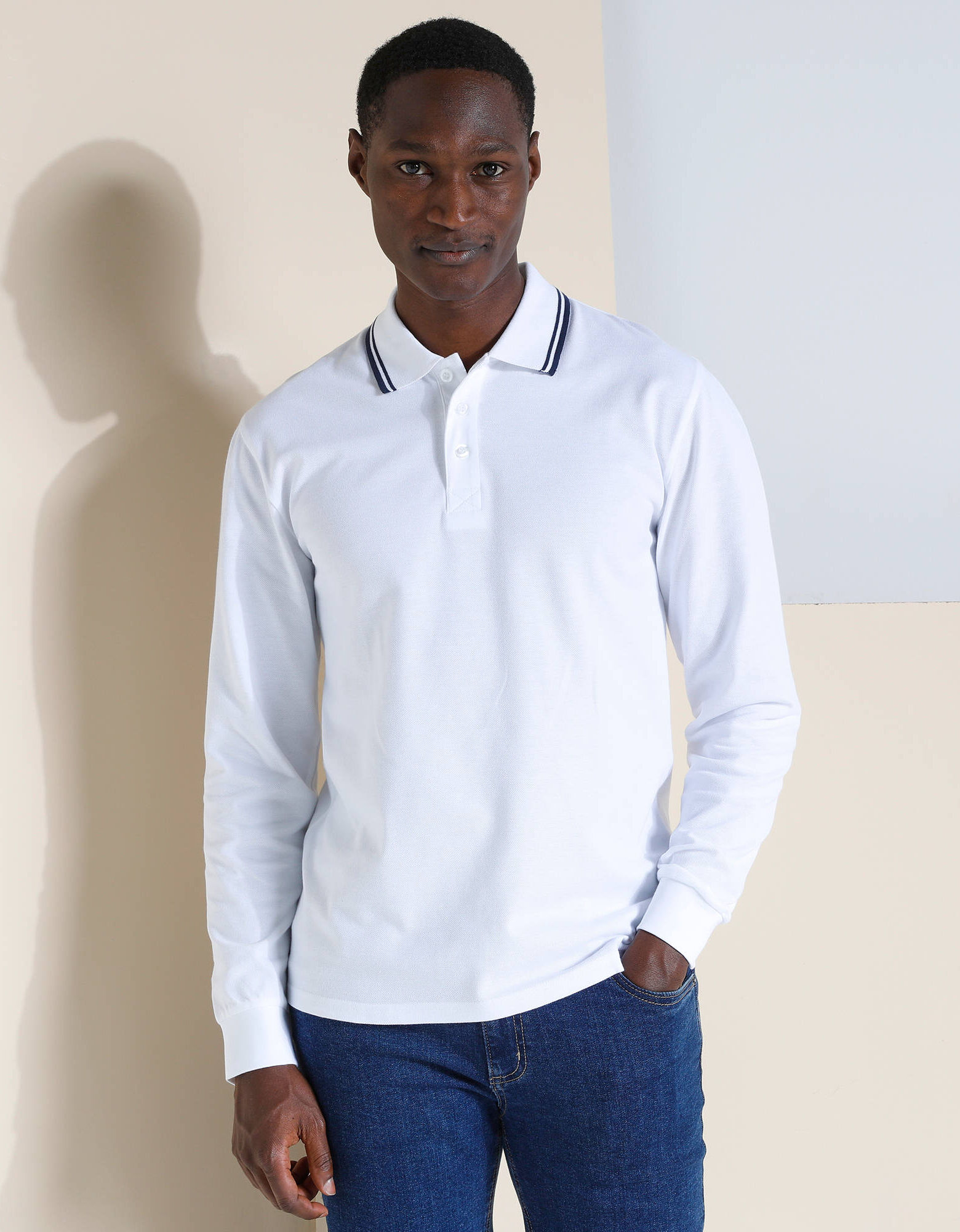 Polo uni maille piquée manches longues, blanc | Blancheporte