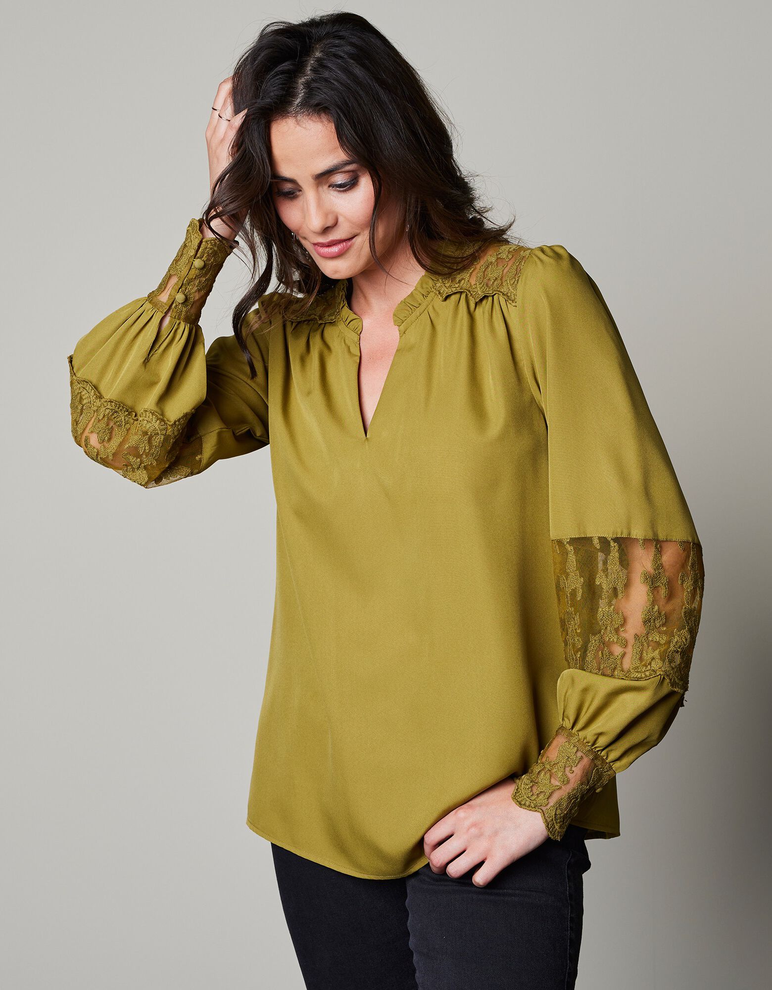 Blouse dentelle manches longues blousantes, vert mousse | Blancheporte