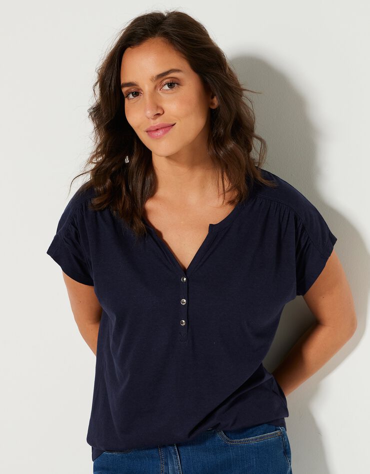 Tee-shirt col tunisien manches courtes, uni, marine | Blancheporte