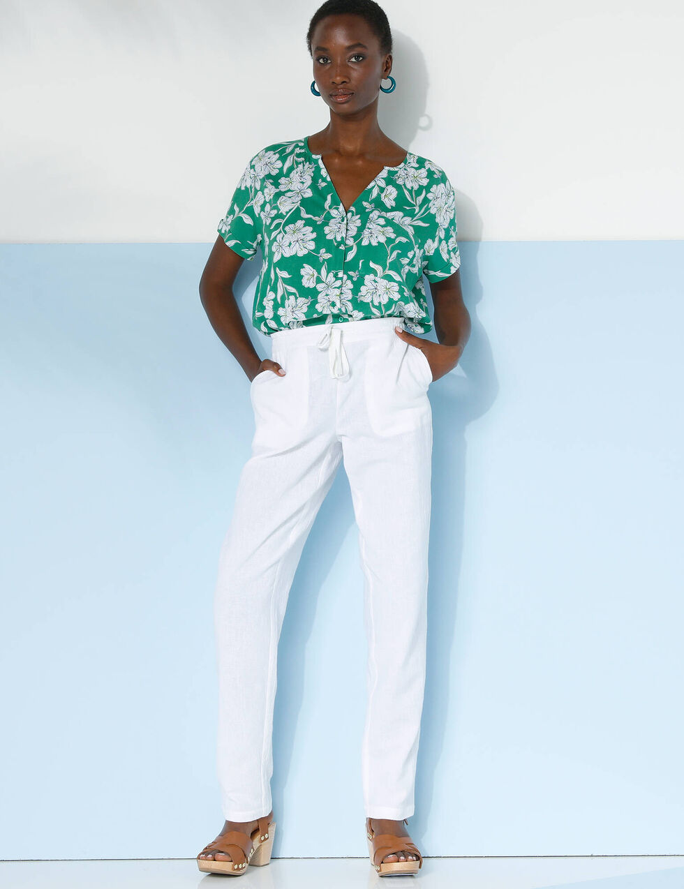 Pantalon fuselé fluide, lin-coton, blanc | Blancheporte