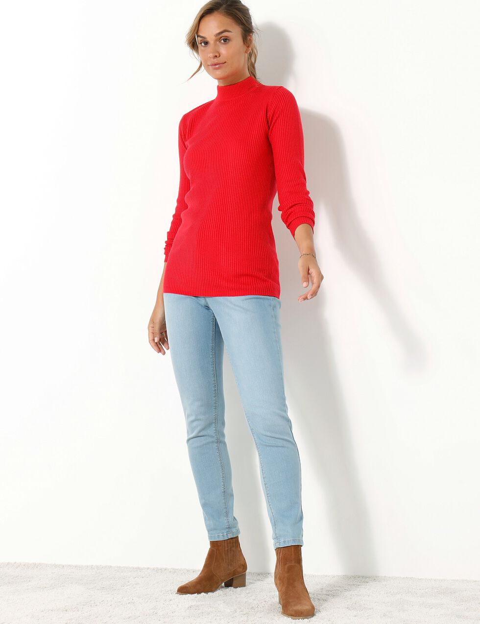 Pull col montant long, maille côtelée, rouge | Blancheporte
