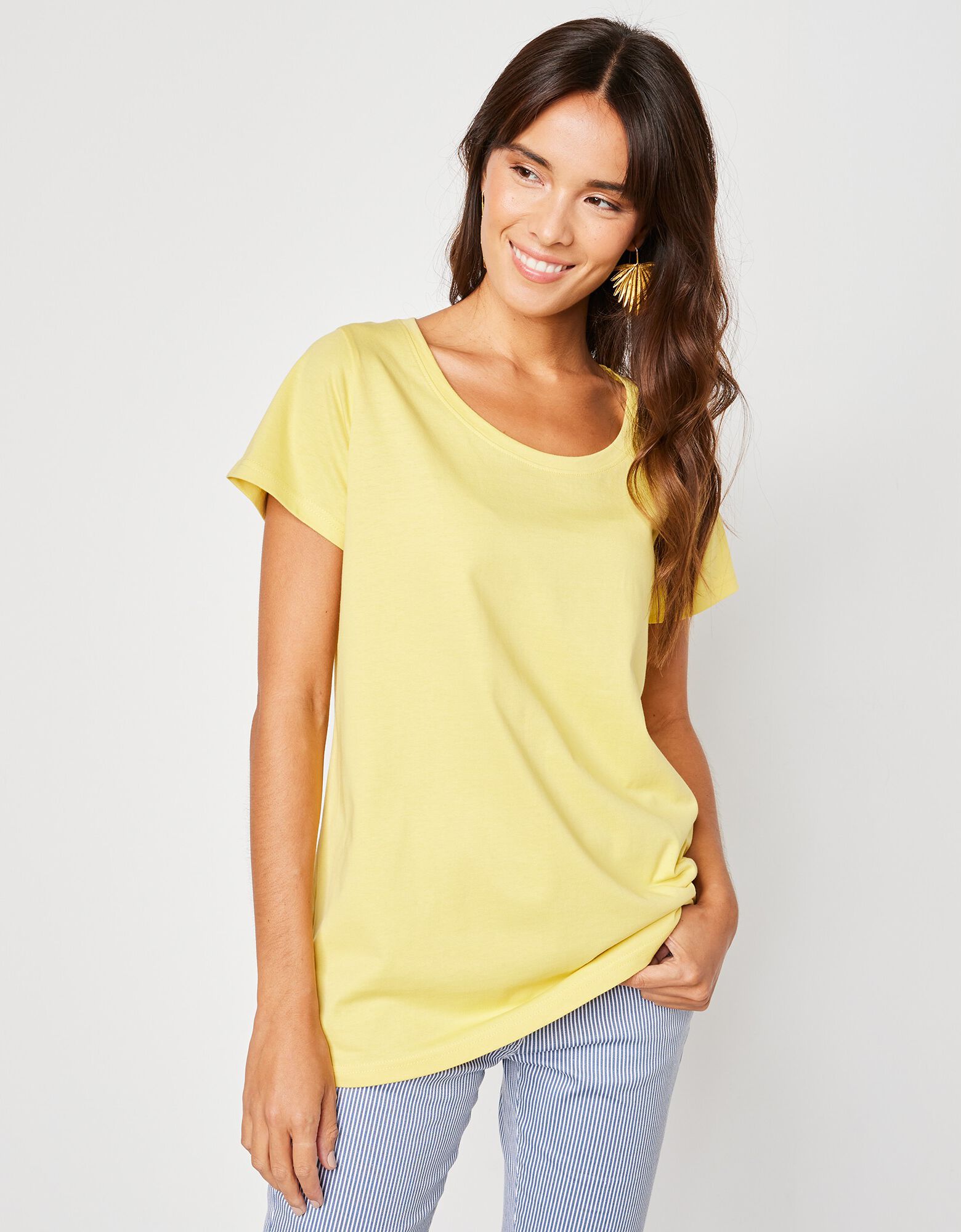 T-shirt col rond manches courtes uni coton, jaune pâle | Blancheporte