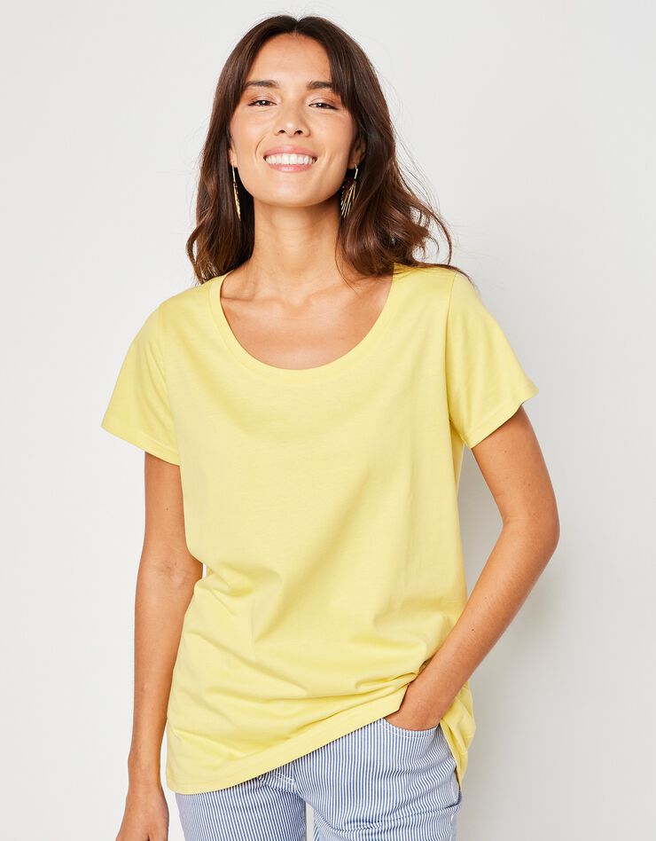 T-shirt col rond manches courtes uni coton, jaune pâle | Blancheporte