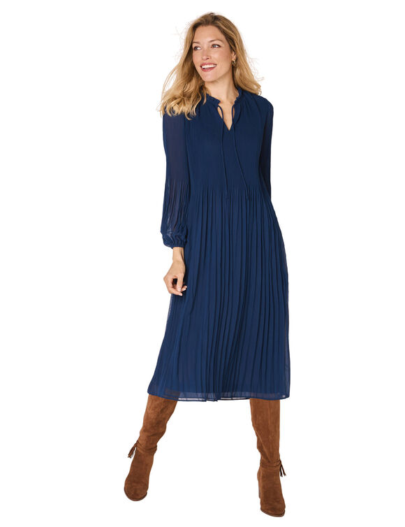 Robe unie mi longue, voile plissé, bleu nuit | Blancheporte