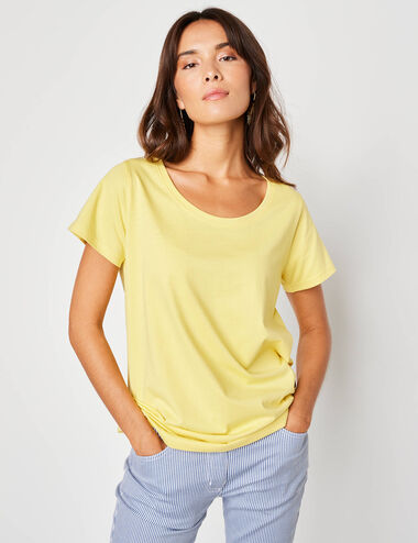 T-shirt col rond manches courtes uni coton, jaune pâle | Blancheporte