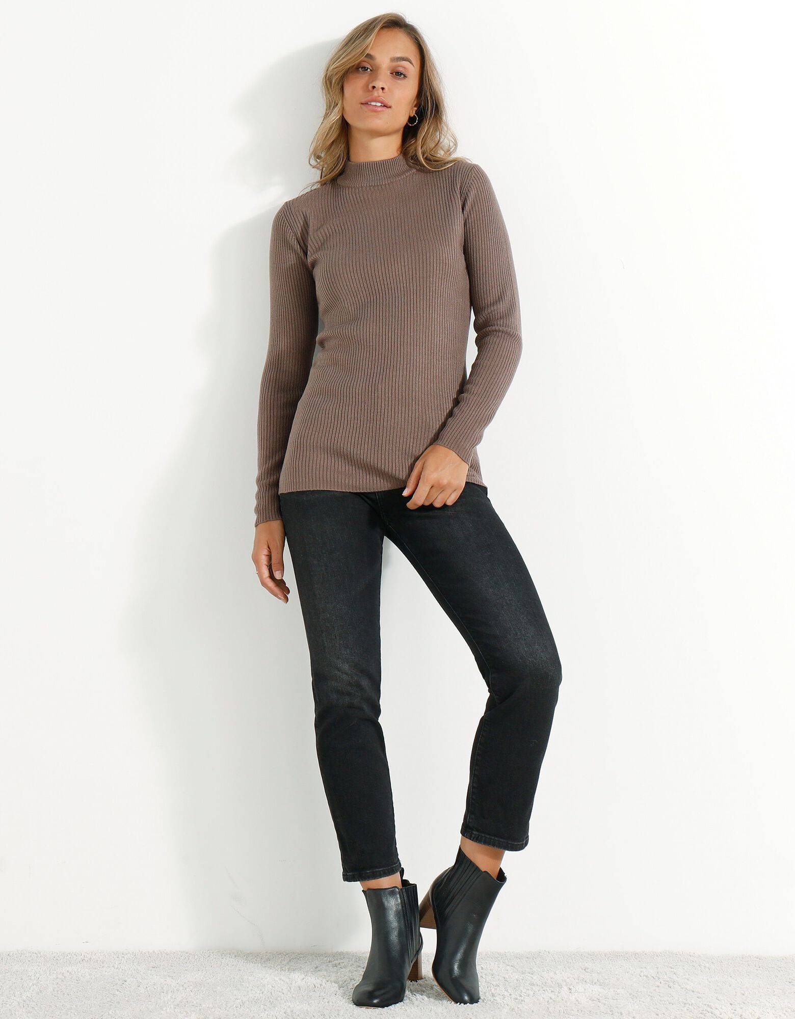 Pull col montant long, maille côtelée, taupe | Blancheporte