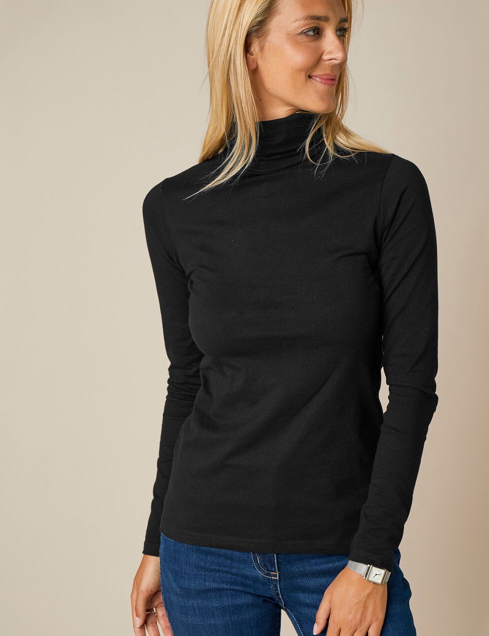 Sous-pull col roulé coton stretch uni, noir | Blancheporte