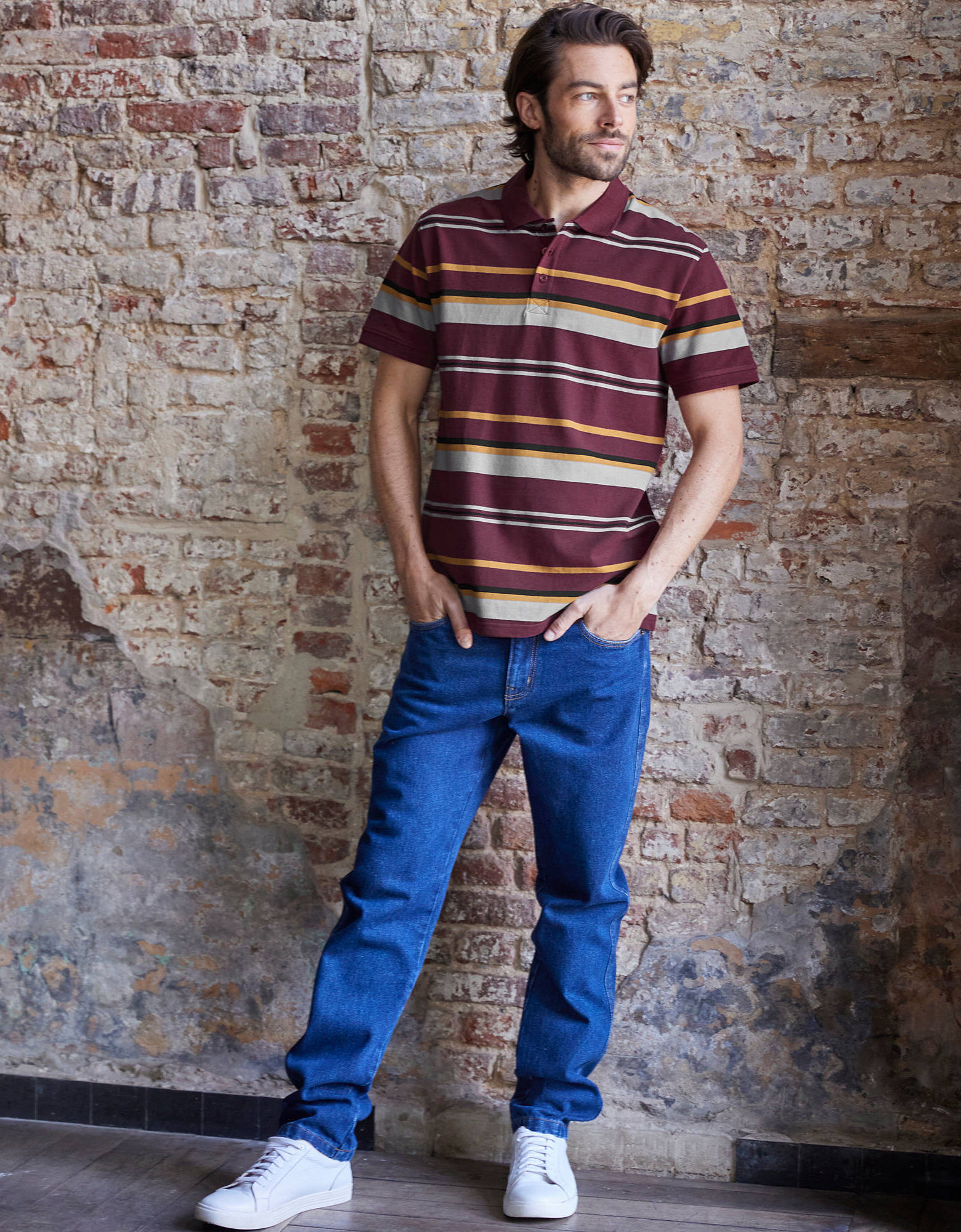 Polo maille piquée rayée, manches courtes, prune / miel | Blancheporte