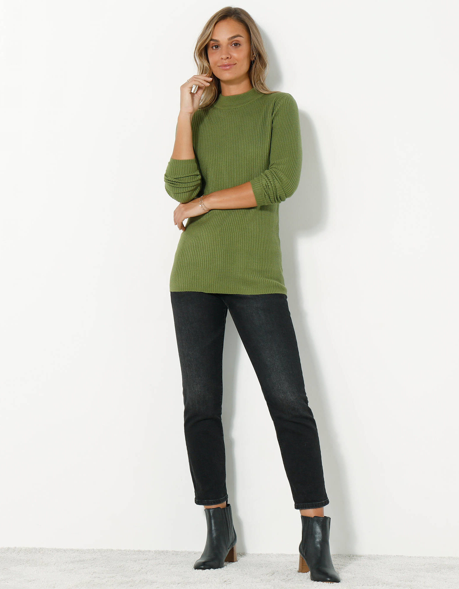 Pull col montant long, maille côtelée, vert olive | Blancheporte