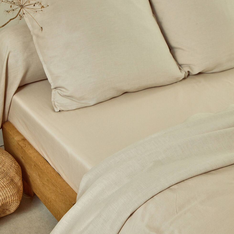 Linge de lit uni biface lin lavé / coton lavé , sable | Blancheporte