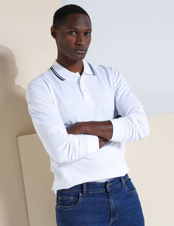 Polo uni maille piquée manches longues, blanc | Blancheporte