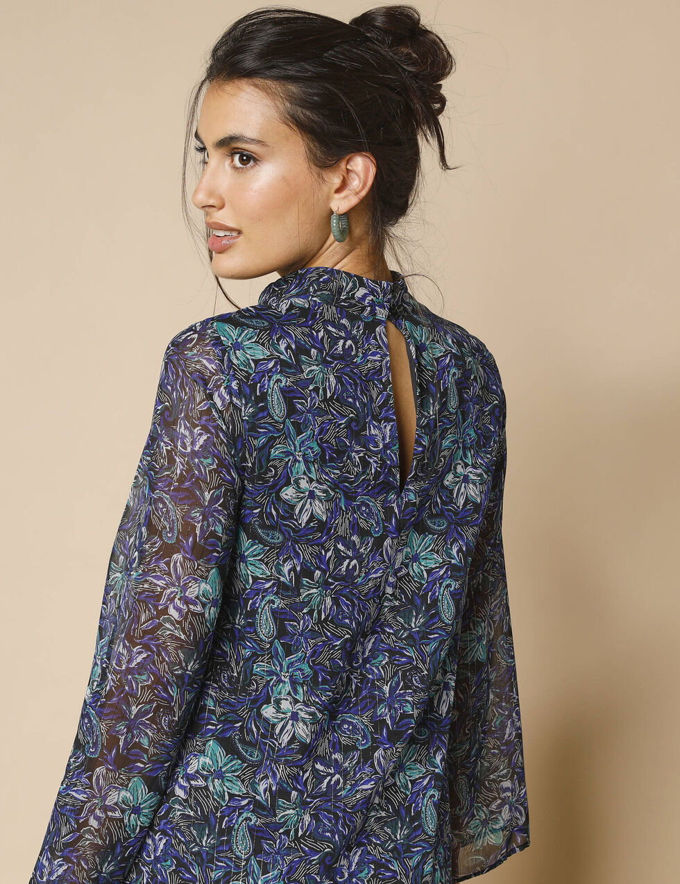 Robe courte évasée imprimée, voile fils brillants, bleu nuit | Blancheporte